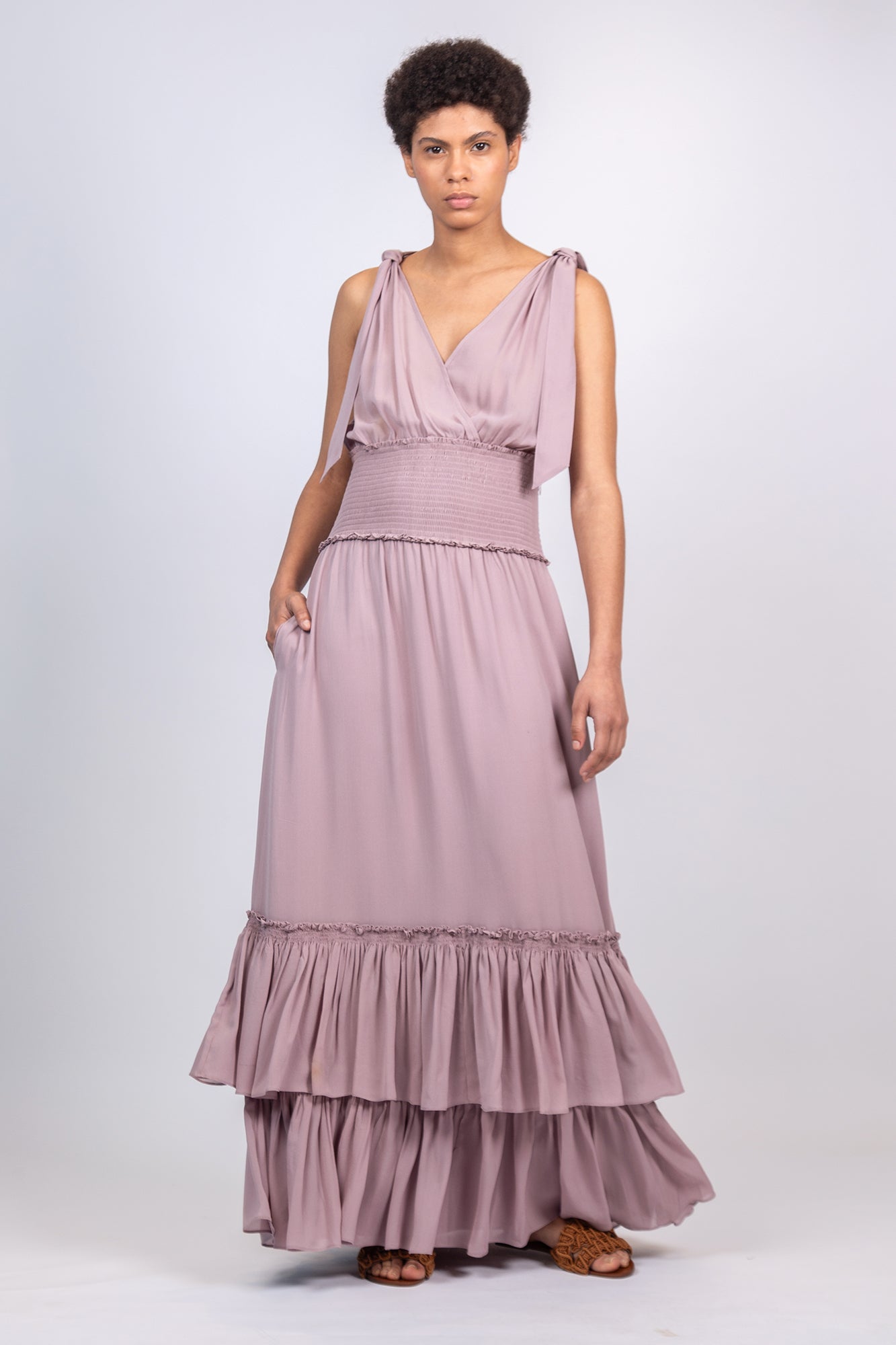 Romantic Silk Maxi Dress with Shoulder Ties & Ruffles | Sitka Semsch